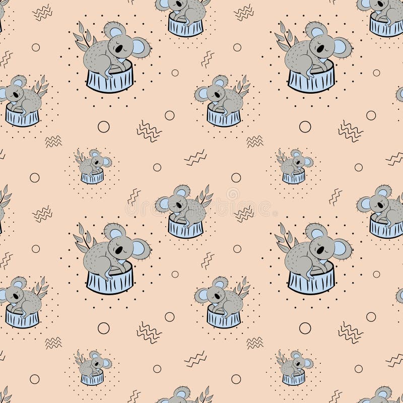 Cute Bear Koala Doodle Seamless Pattern. Vector Background with Koalas ...
