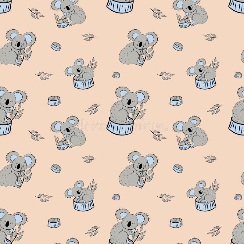 Cute Bear Koala Doodle Seamless Pattern. Vector Background with Koalas ...