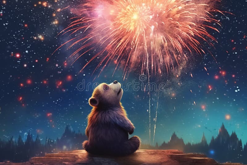 Cute Bear Looking at Christmas Fireworks, Merry Christmas Card. Stock ...