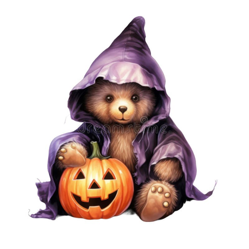 A Cute Bear in a Purple Robe Holding a Carved Pumpkin Stock Photo ...