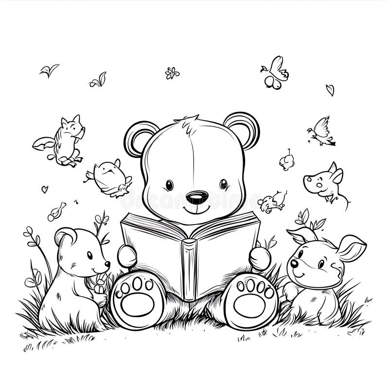 Cute Bear Reading Book with Animals Stock Illustration - Illustration ...