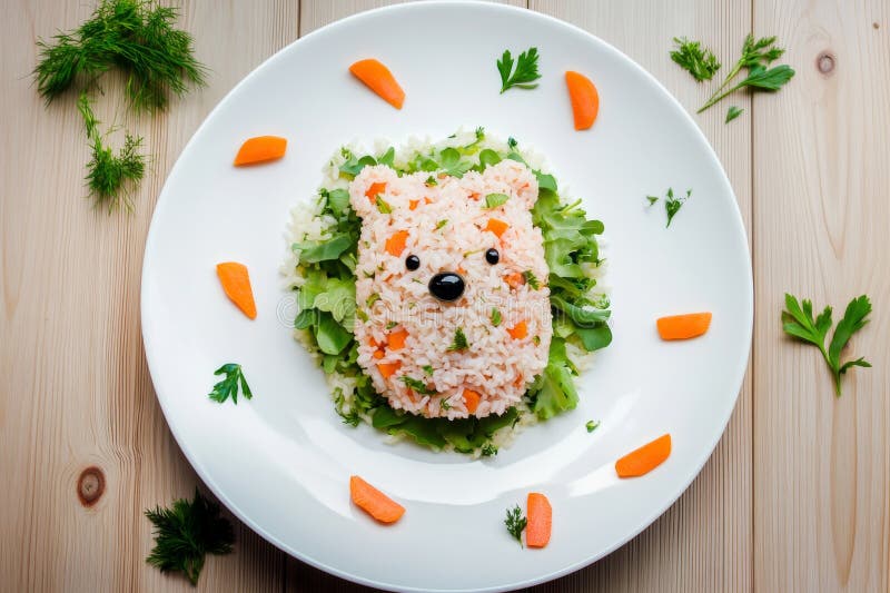 Cute Bear-shaped Rice Dish Garnished with Vegetables on a White Plate ...