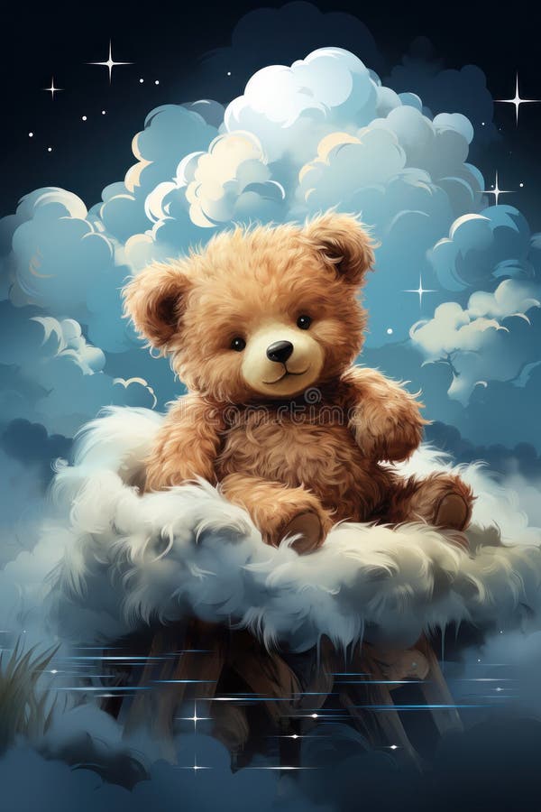 Cute Bear Sleeping on a Cloud Watercolor Drawing. Generative AI Stock Illustration ...