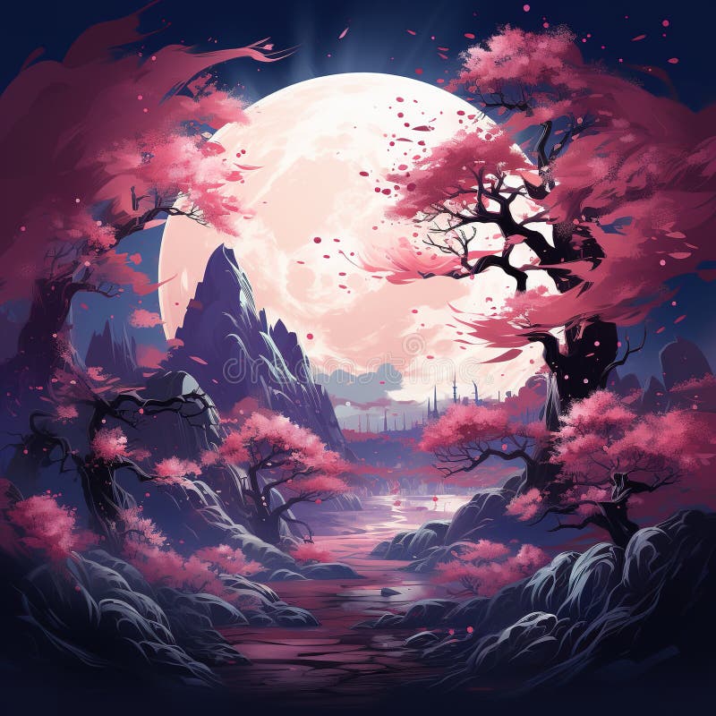 Beautiful Full Moon Cherry Blossom Tree Sakura Tree Forest Generative ...