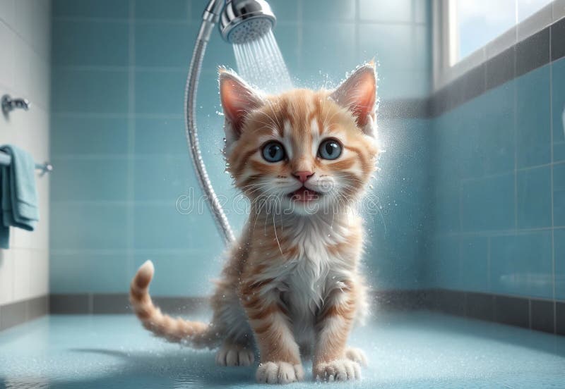 Cute Beautiful Kitten Washing in the Shower Stock Image - Image of ...