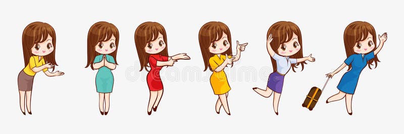 Cute Beautiful Woman Cartoon Character with Different Gestures Stock ...
