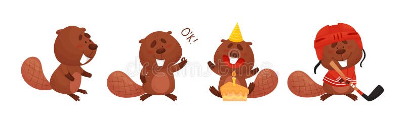 Cute Beaver Character Engaged in Different Activity Vector Set Stock ...