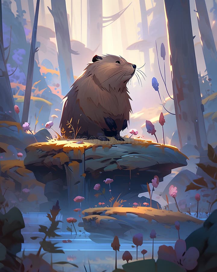 Cute Beaver Sitting on a Log in the Forest. Vector Illustration Stock ...