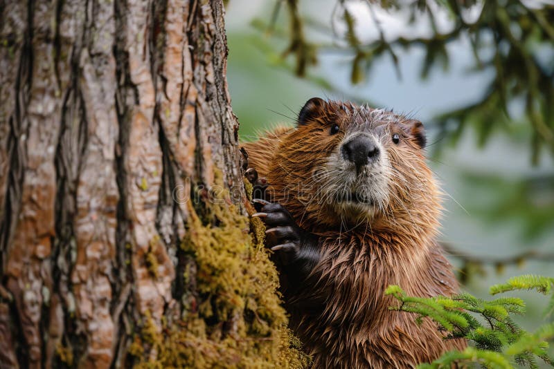 Cute Beaver Leaning on Tree Stock Illustration - Illustration of ...