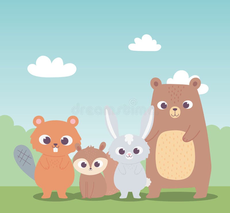 Cute Beaver Squirrel Bear and Little Rabbit Cartoon Animals Stock ...