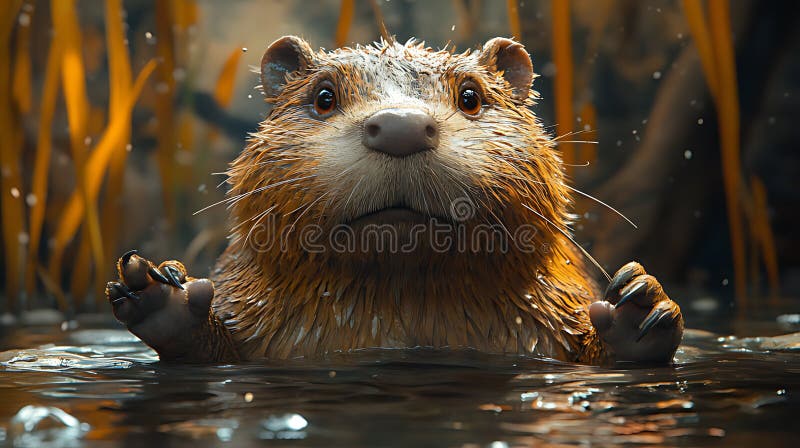 A Cute Beaver with Wet Fur, Sits in the Water with Its Front Paws ...