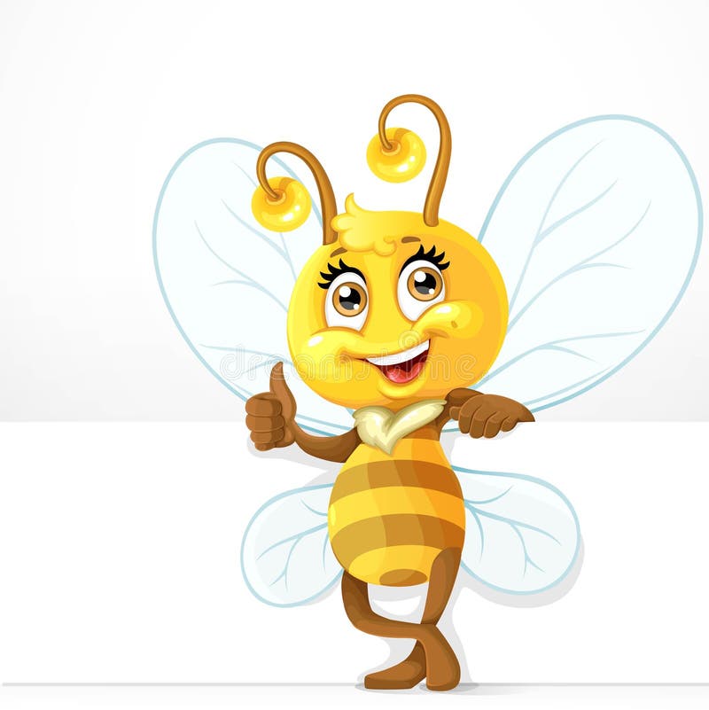 Cute Bee with Big White Banner Stand on a White Background Stock ...