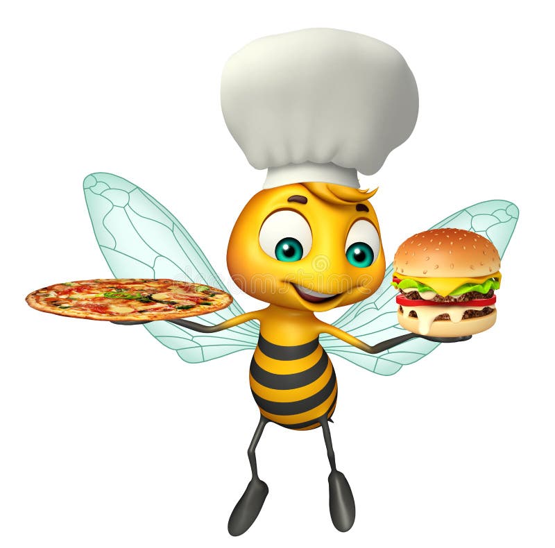 Cute Bee Cartoon Character with Chef Hat and Pizza, Burger Stock ...