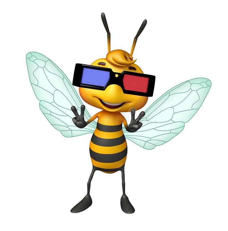 Cute Bee Cartoon Character with 3D Glasses Stock Illustration ...