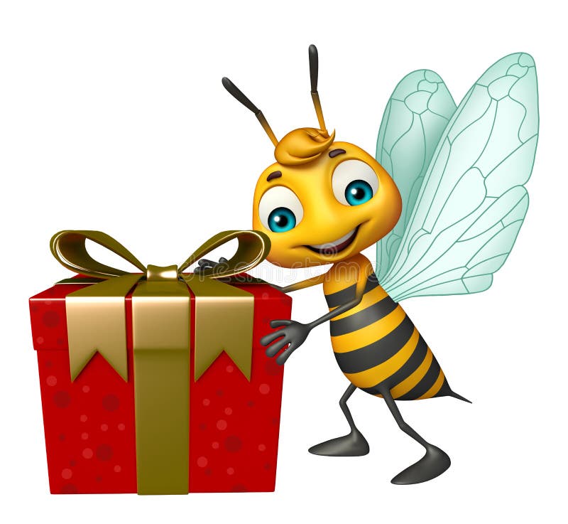 Cute Bee Cartoon Character with Gift Box Stock Illustration ...