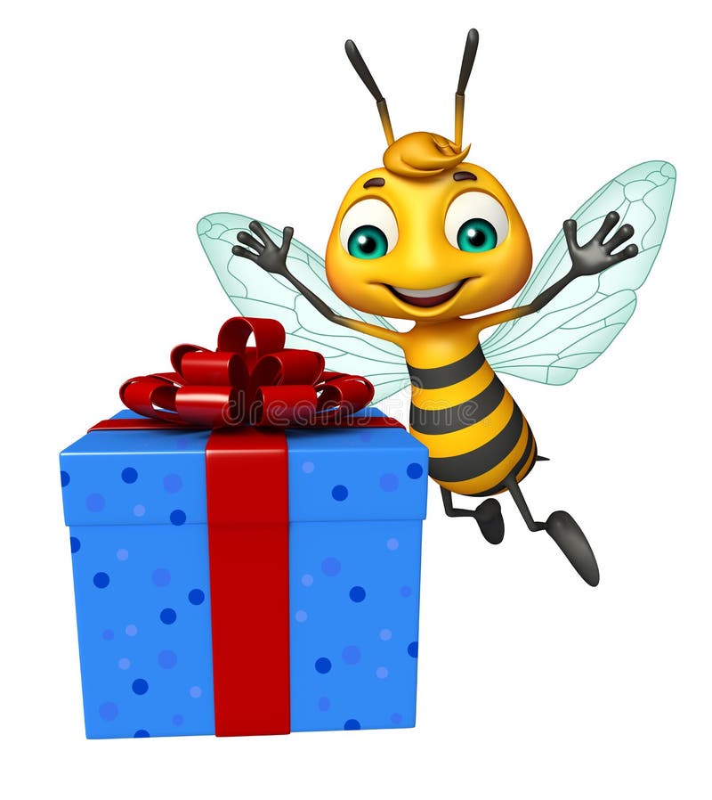 Cute Bee Cartoon Character with Gift Box Stock Illustration ...