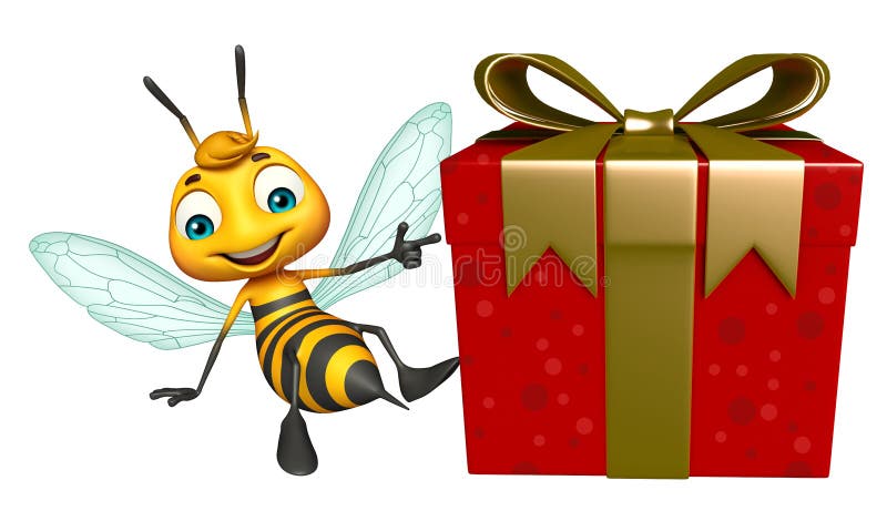 Cute Bee Cartoon Character with Gift Box Stock Illustration ...