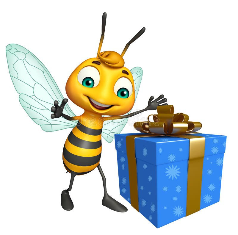 Cute Bee Cartoon Character with Gift Box Stock Illustration ...