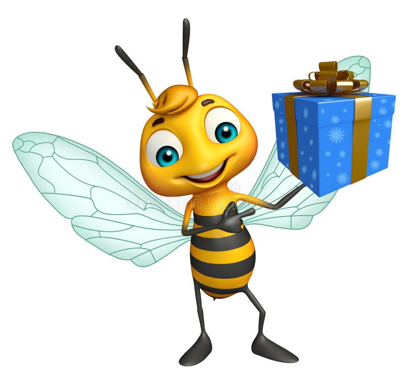 Cute Bee Cartoon Character with Gift Box Stock Illustration ...