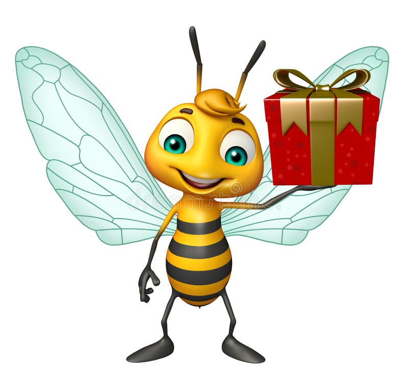 Cute Bee Cartoon Character with Gift Box Stock Illustration ...