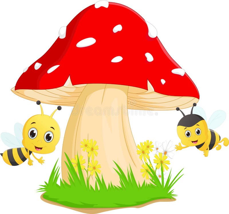 Cute Bee Cartoon with Red Mushroom Stock Vector - Illustration of cute ...