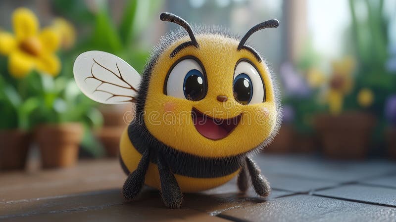 Cute Bee Character, Joyful Expression, Vibrant Colors, Floral ...
