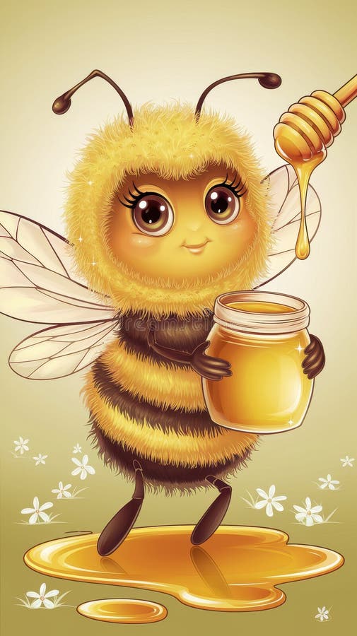 Cute Bee Illustration with Honey Jar, Smiling and Anthropomorphic Stock ...