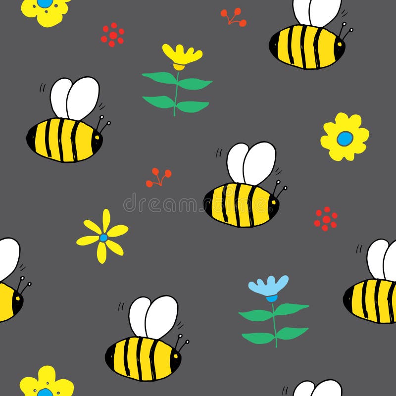 Cute Bee Seamless Pattern, Cartoon Hand Drawn Honeybee Doodles Vector ...