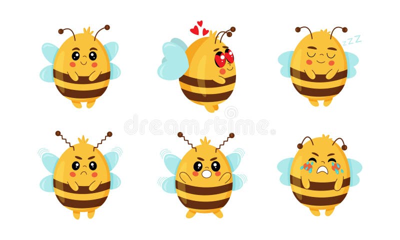 Cute Bee Set. a Flat Cartoon Design Featuring a Set of Cute Bees in ...