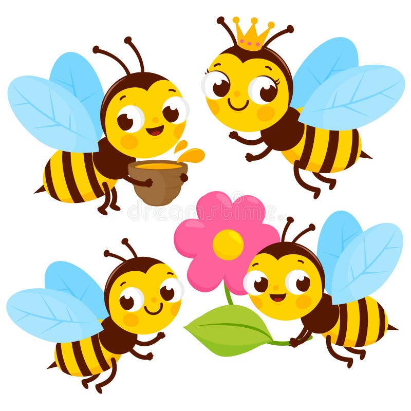 Cute Bees Collection. Cute Cartoon Bees and Queen Bee in the Garden in ...
