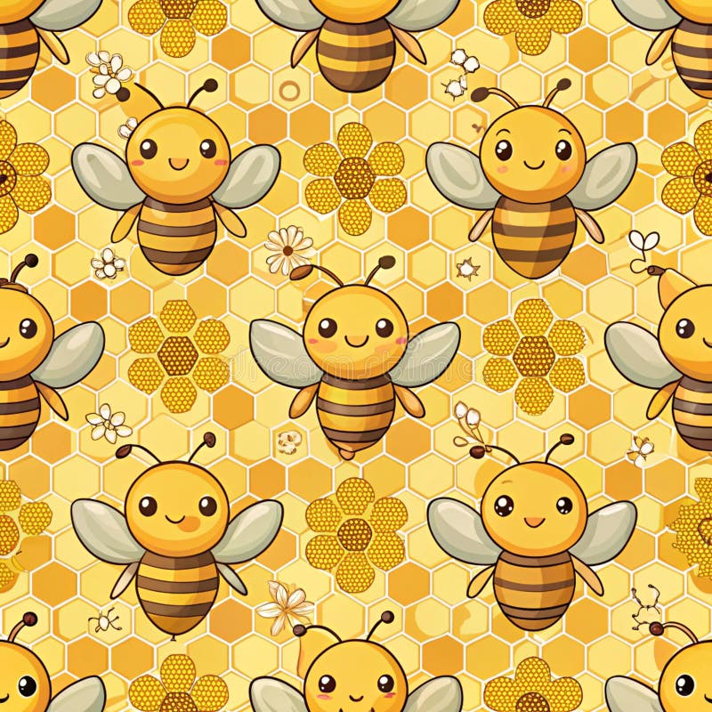 Cute Bees on Honeycomb Pattern with Flowers Stock Illustration ...