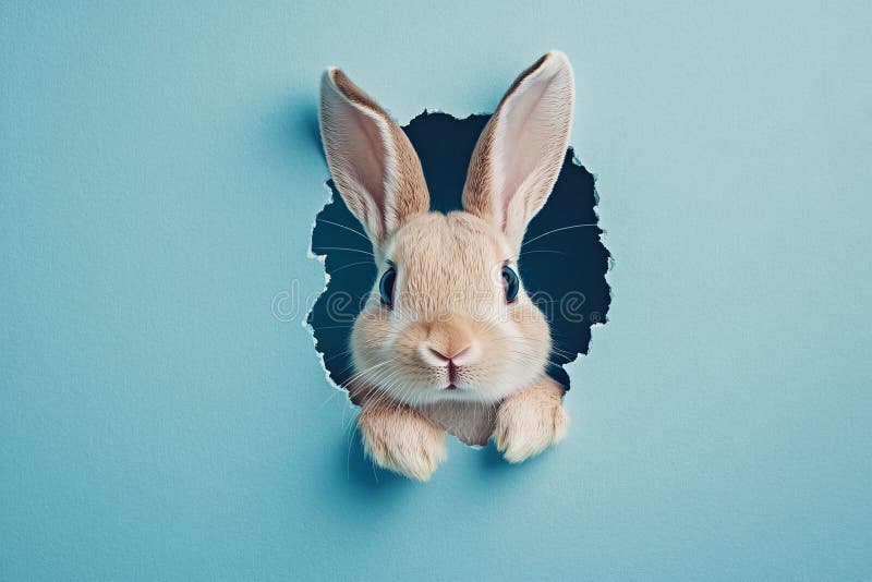 Cute Beige Bunny Peeking through Hole in Blue Wall Stock Illustration ...