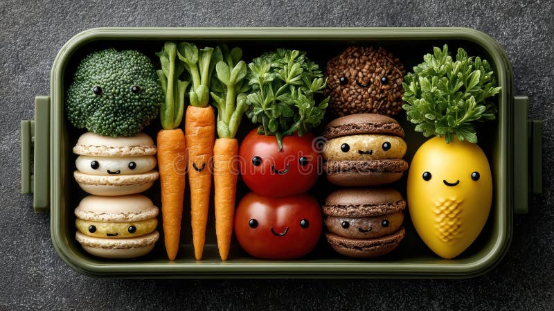 Cute Bento Box with Decorative Vegetables, Macarons, and Adorable Faces ...