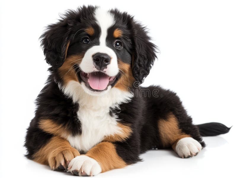 A Cute Bernese Mountain Dog Puppy is Lying on a White Backdrop Stock ...