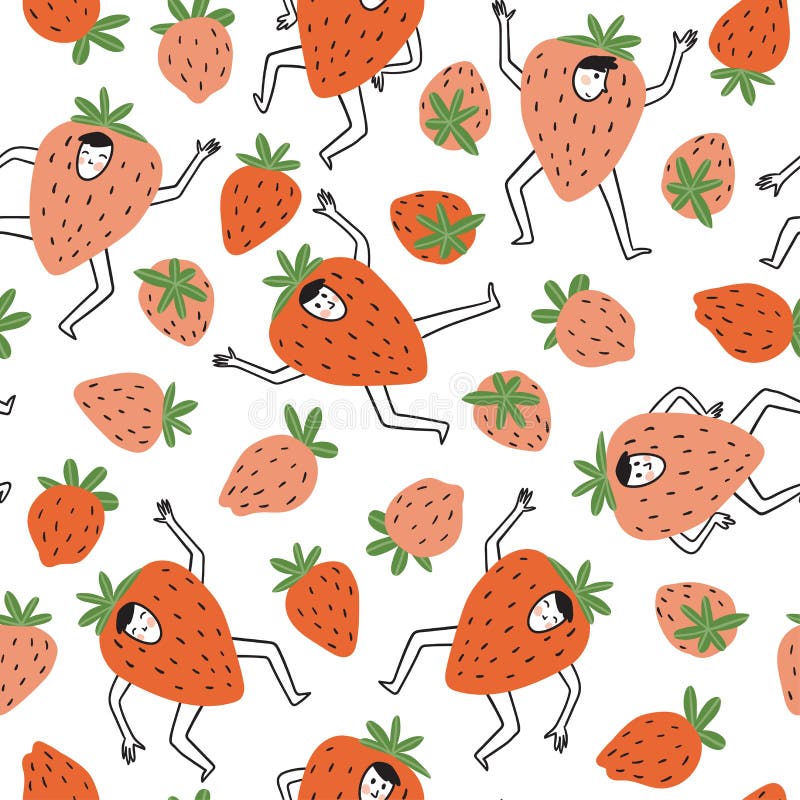Cute Berry Characters and Strawberries. Set of Berries. Vector Seamless ...