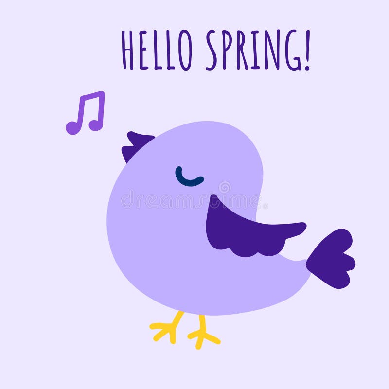 Cute Bird Singing a Song. Postcard with Text Hello Spring in Purple ...