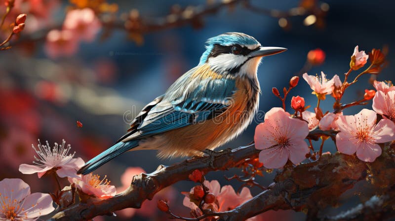 Cute Birds and Flower on a Branch Stock Illustration - Illustration of ...