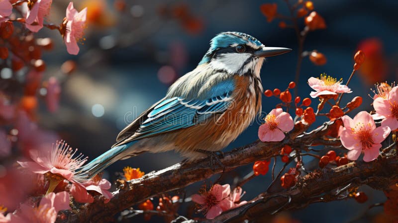 Cute Birds and Flower on a Branch Stock Illustration - Illustration of ...