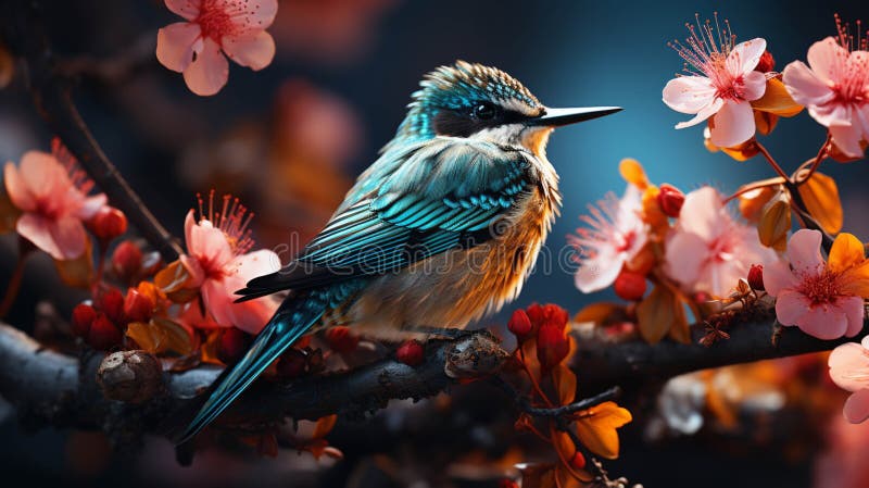 Cute Birds and Flower on a Branch Stock Photo - Image of yellow, nature ...