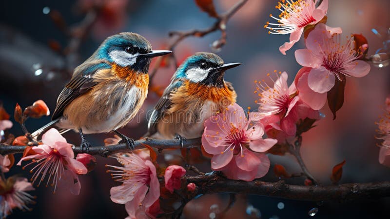 Cute Birds and Flower on a Branch Stock Image - Image of springtime ...