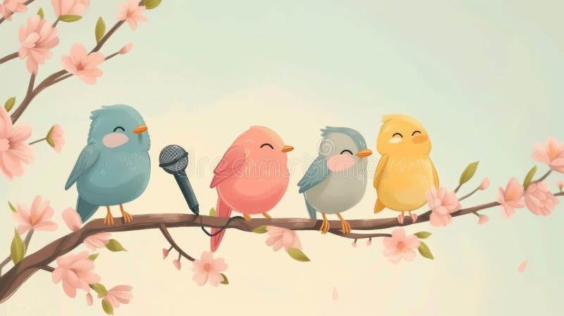 Cute Birds I with Microphone on the Tree Singing Songs.,spring Concept ...