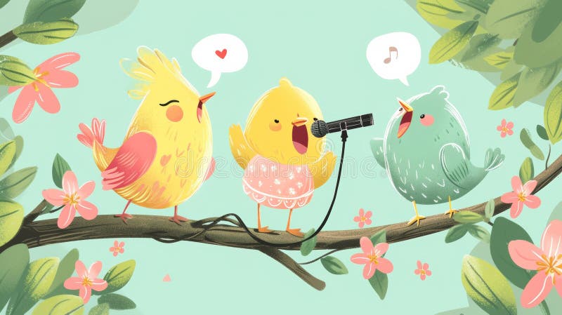 Cute Birds I with Microphone on the Tree Singing Songs.,spring Concept ...