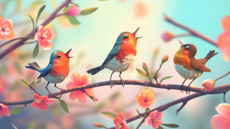 Cute Birds I with Microphone on the Tree Singing Songs.,spring Concept ...