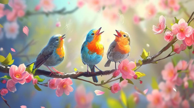 Cute Birds I with Microphone on the Tree Singing Songs.,spring Concept ...