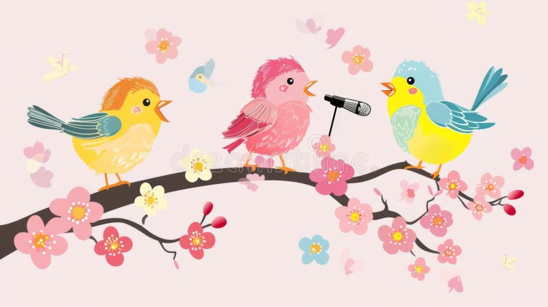 Cute Birds I with Microphone on the Tree Singing Songs.,spring Concept ...
