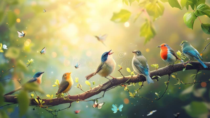 Cute Birds I with Microphone on the Tree Singing Songs.,spring Concept ...