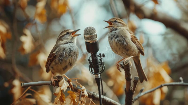 Cute Birds I with Microphone on the Tree Singing Songs.,spring Concept ...