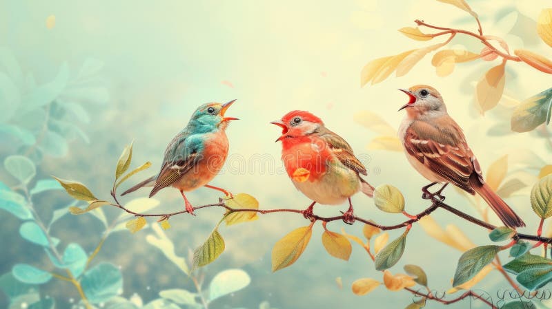 Cute Birds I with Microphone on the Tree Singing Songs.,spring Concept ...
