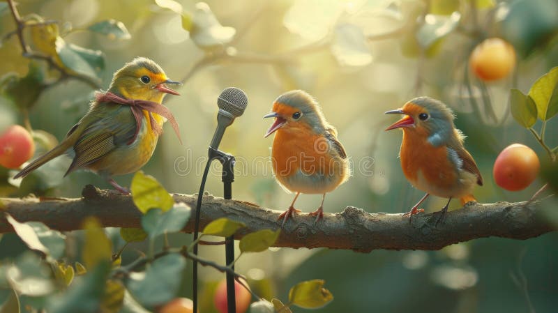 Cute Birds I with Microphone on the Tree Singing Songs.,spring Concept ...