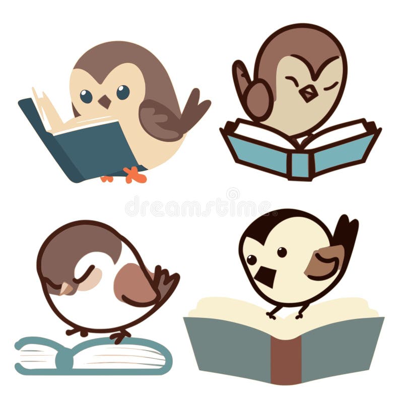 Cute Birds Reading Books Vector Graphics Stock Illustration ...
